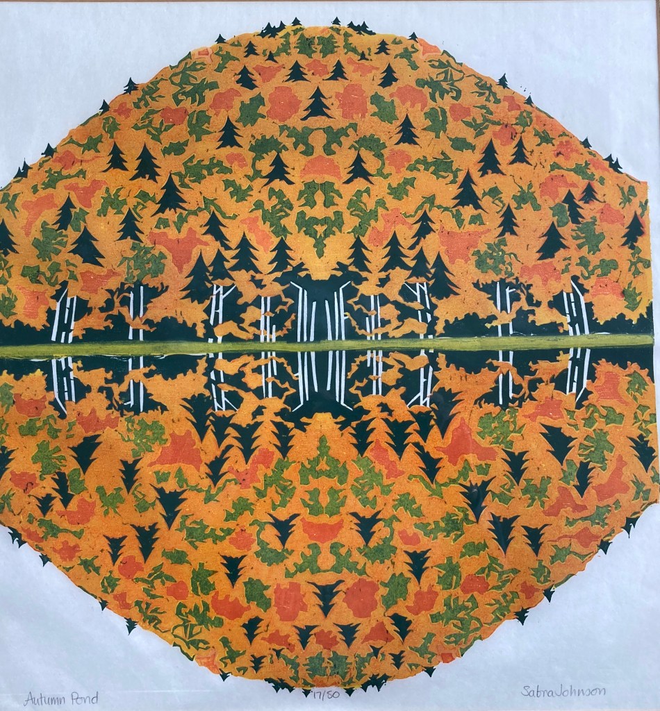 Autumn Pond, Vermont, Woodblock, Sabra Field : D'Antan Art & Antiques